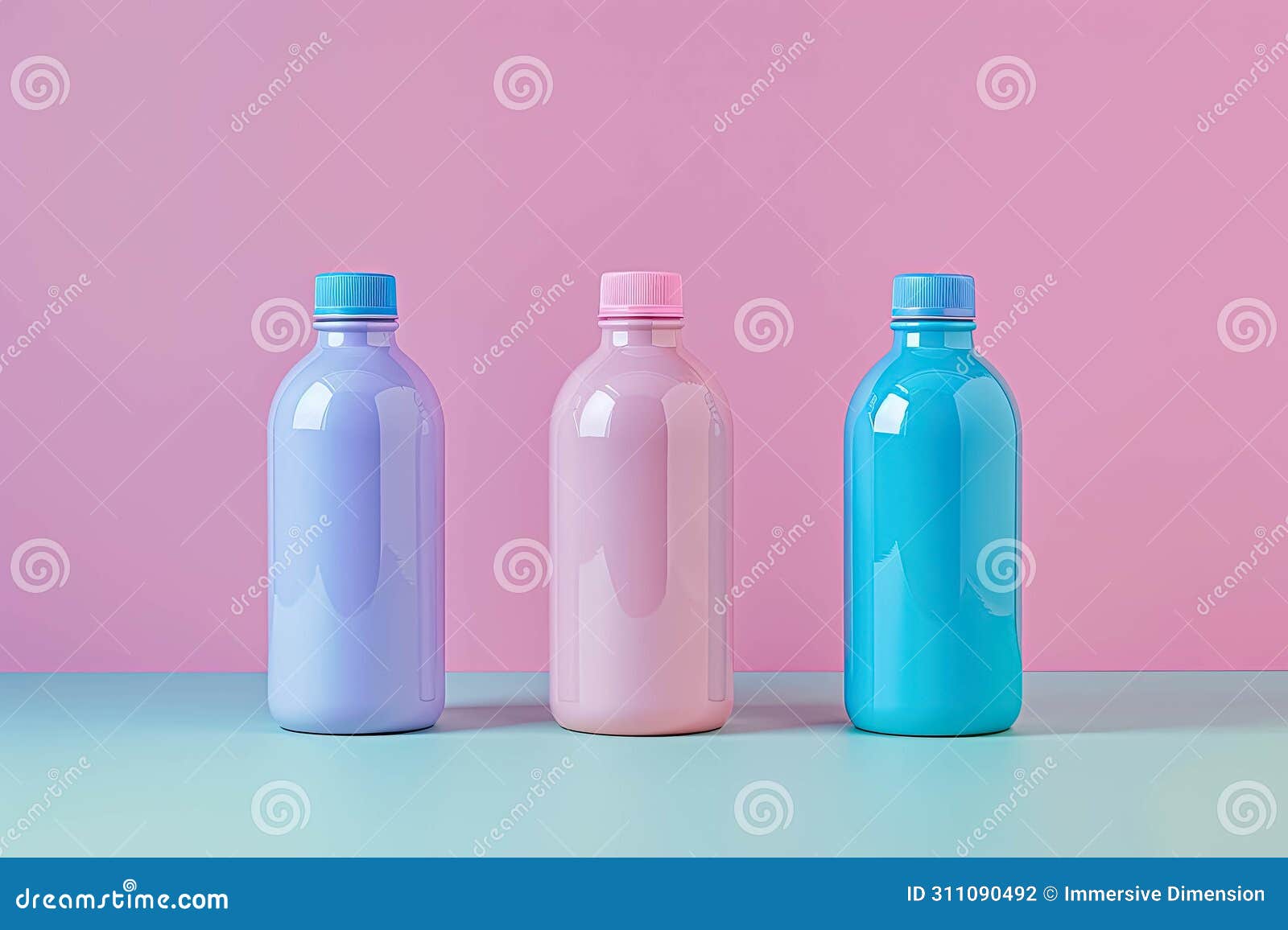 Three Different Colored and Shaped Water Bottles in the Style of Pastel ...