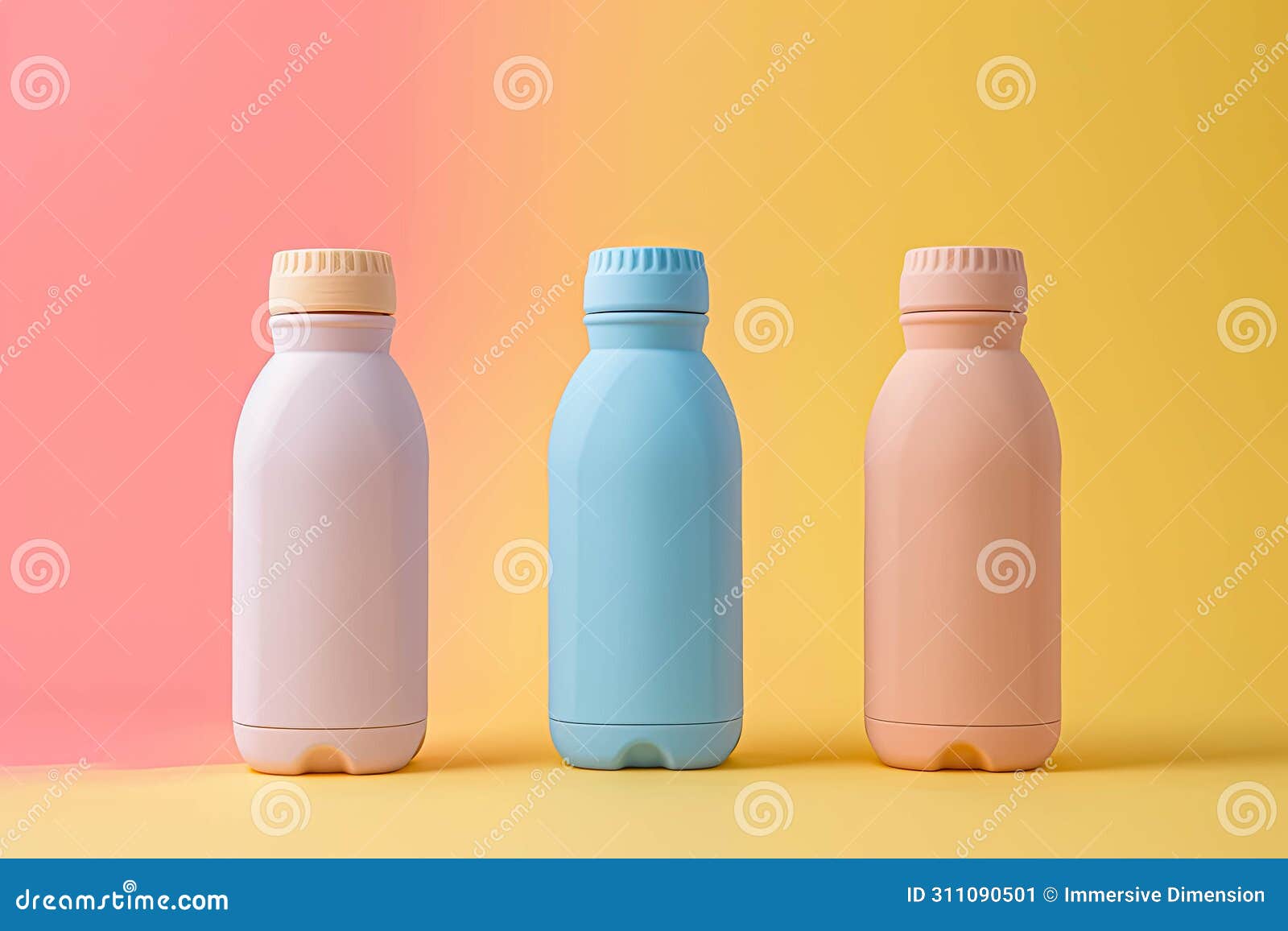 Three Different Colored and Shaped Water Bottles in the Style of Pastel ...