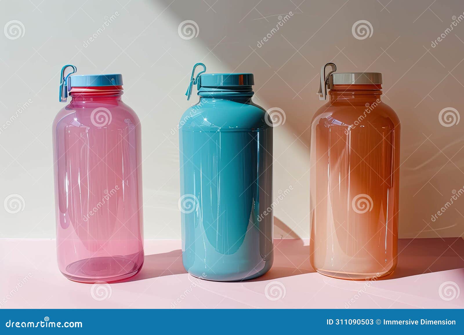 Three Different Colored and Shaped Water Bottles in the Style of Pastel ...