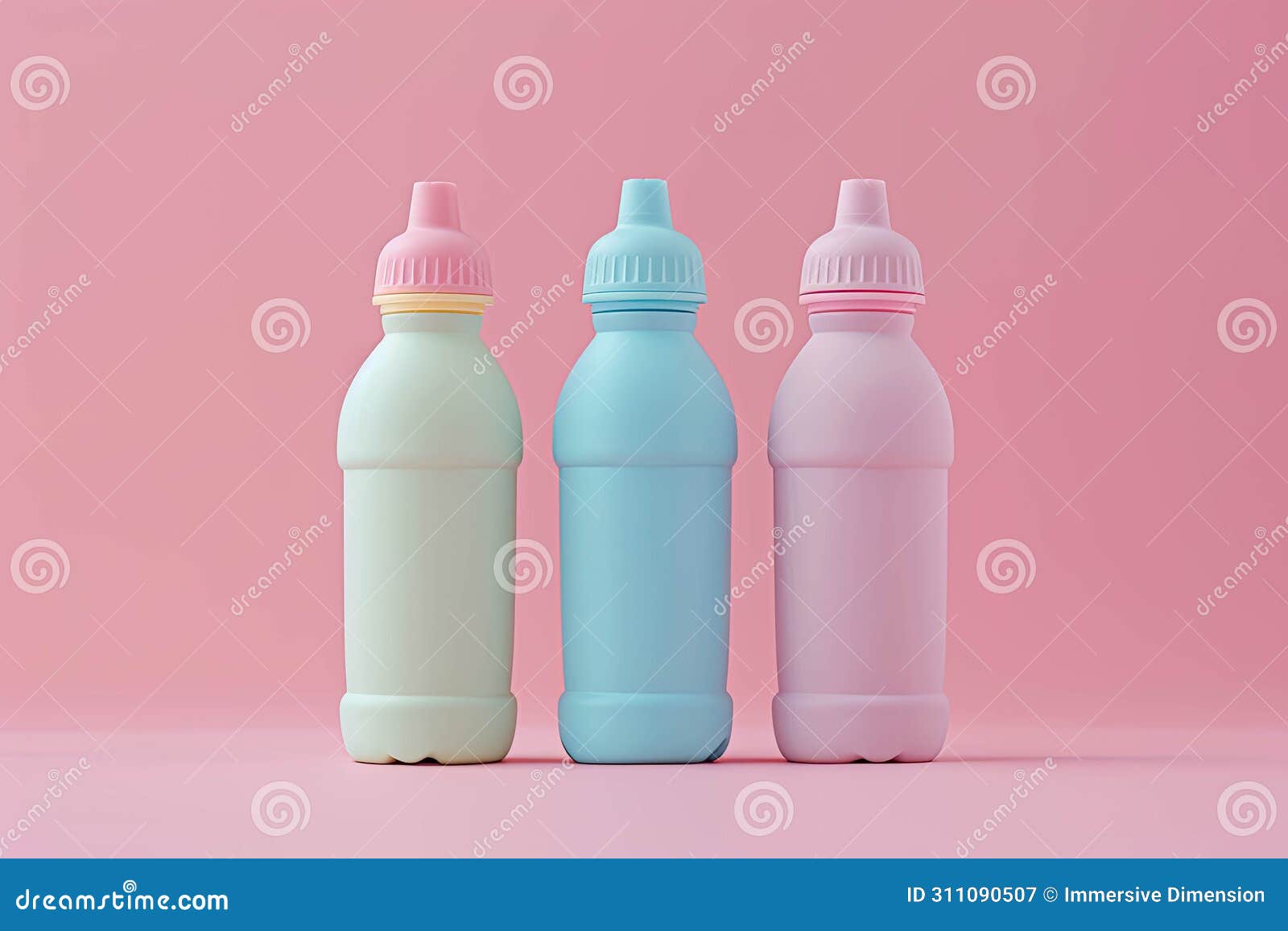 Three Different Colored and Shaped Water Bottles in the Style of Pastel ...