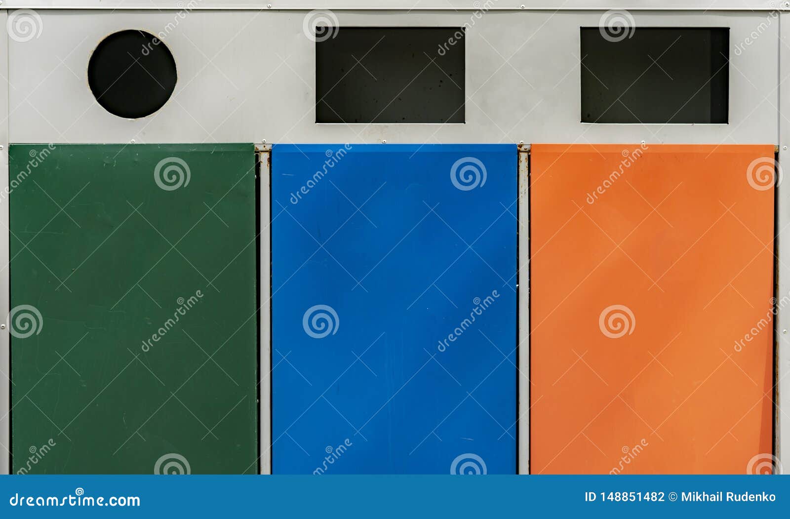 Three Different Colorful Metal Trash Bins or Containers, Garbage ...