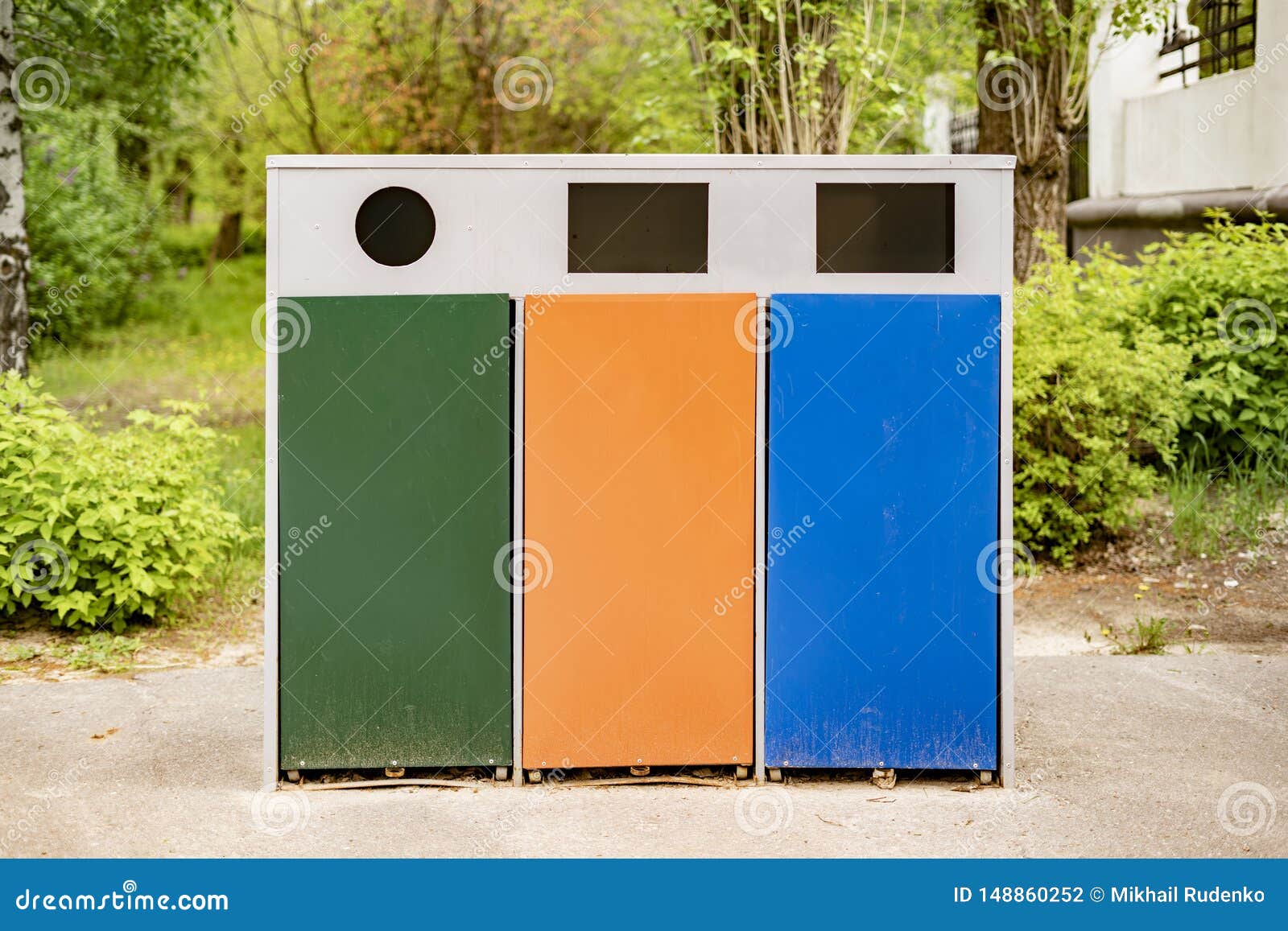 Three Different Colorful Metal Trash Bins or Containers, Garbage ...