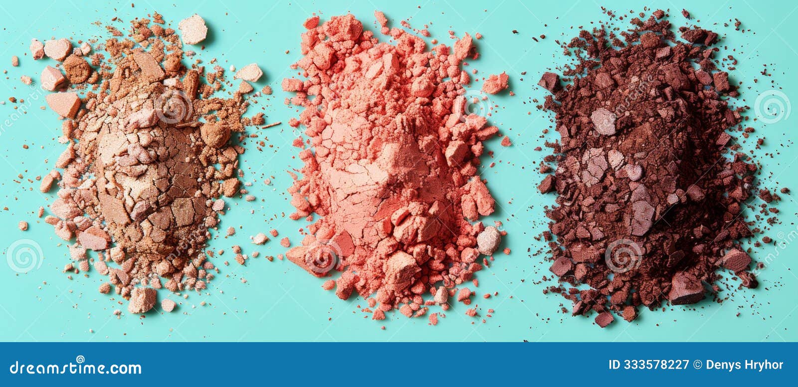 Three Different Colors of Crushed Face Powder are Scattered on a Blue ...