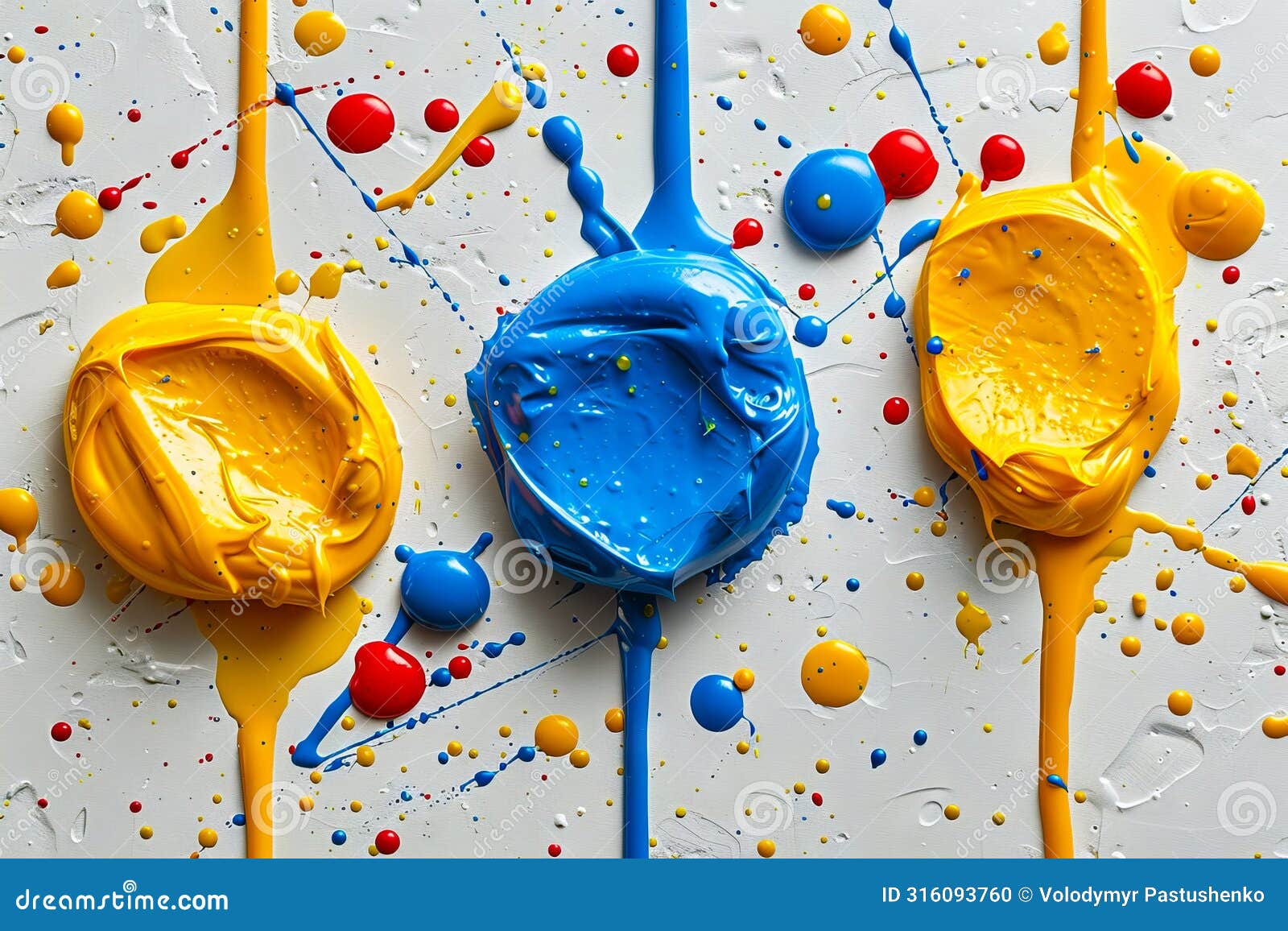 Three Different Colors of Paint are Splattered on a White Surface Stock ...