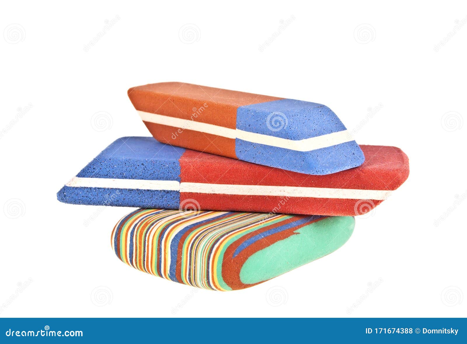 Three Different Erasers Isolated on White Background Stock Photo ...