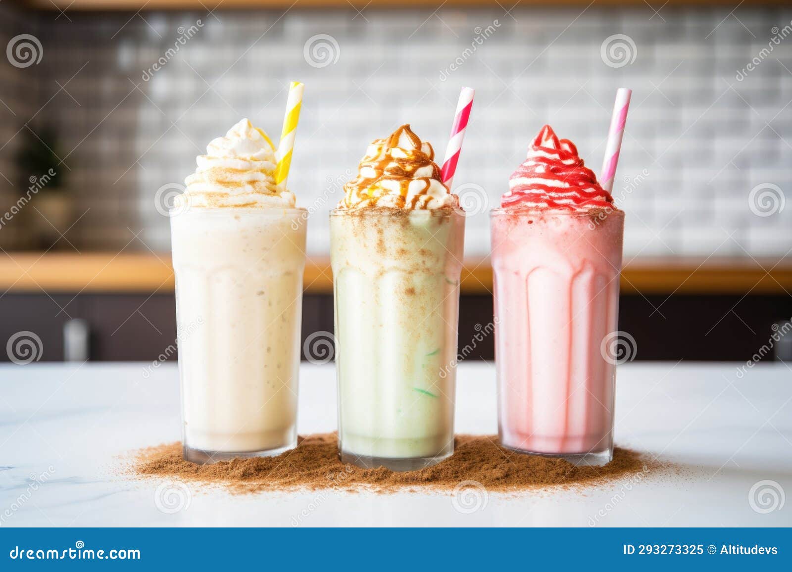 Three Different Flavored Milkshakes with Colored Straws Stock Image ...