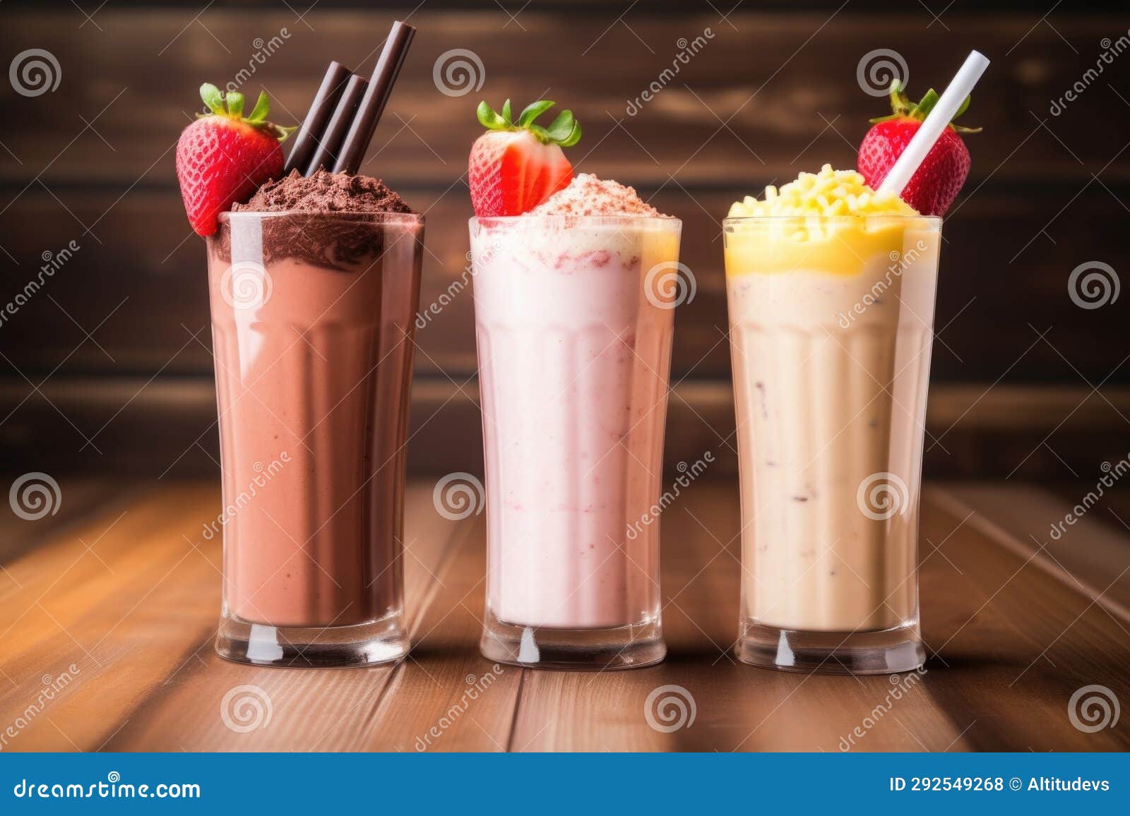 Three Different Flavored Milkshakes on a Table Chocolate, Vanilla ...