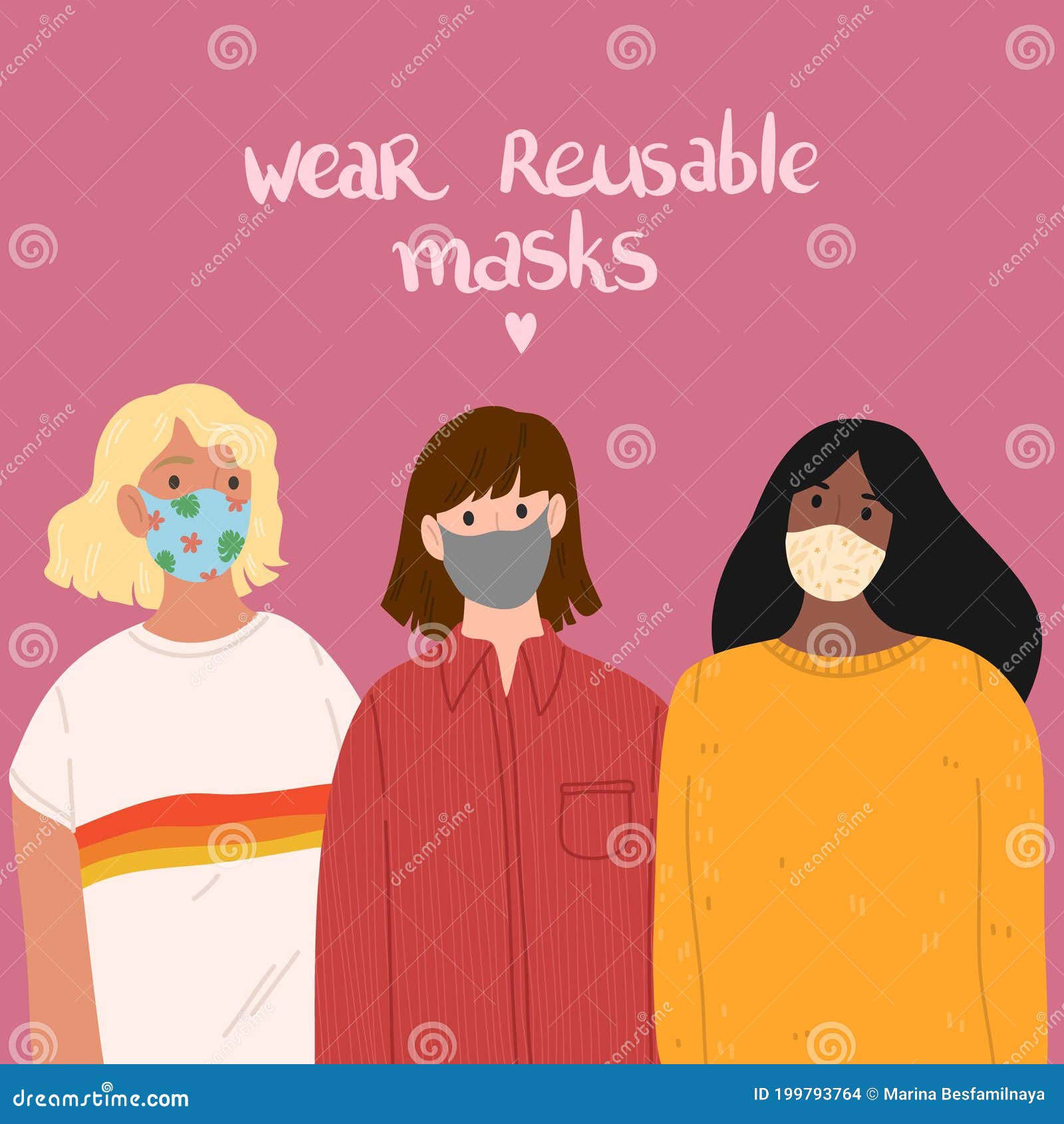 Three Different Girls Wearing Reusable Masks on a Bright Pink ...