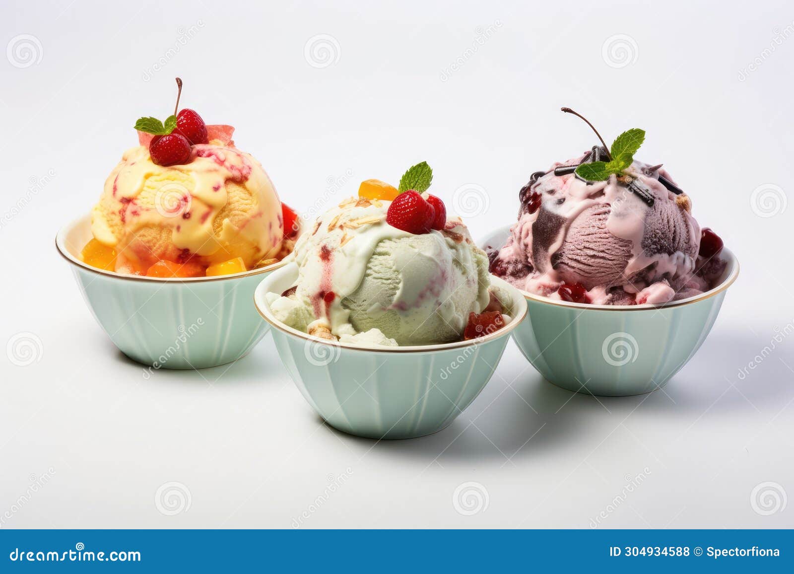 Three Different Ice Cream Sundaes with Fruits and Berries Stock Photo ...
