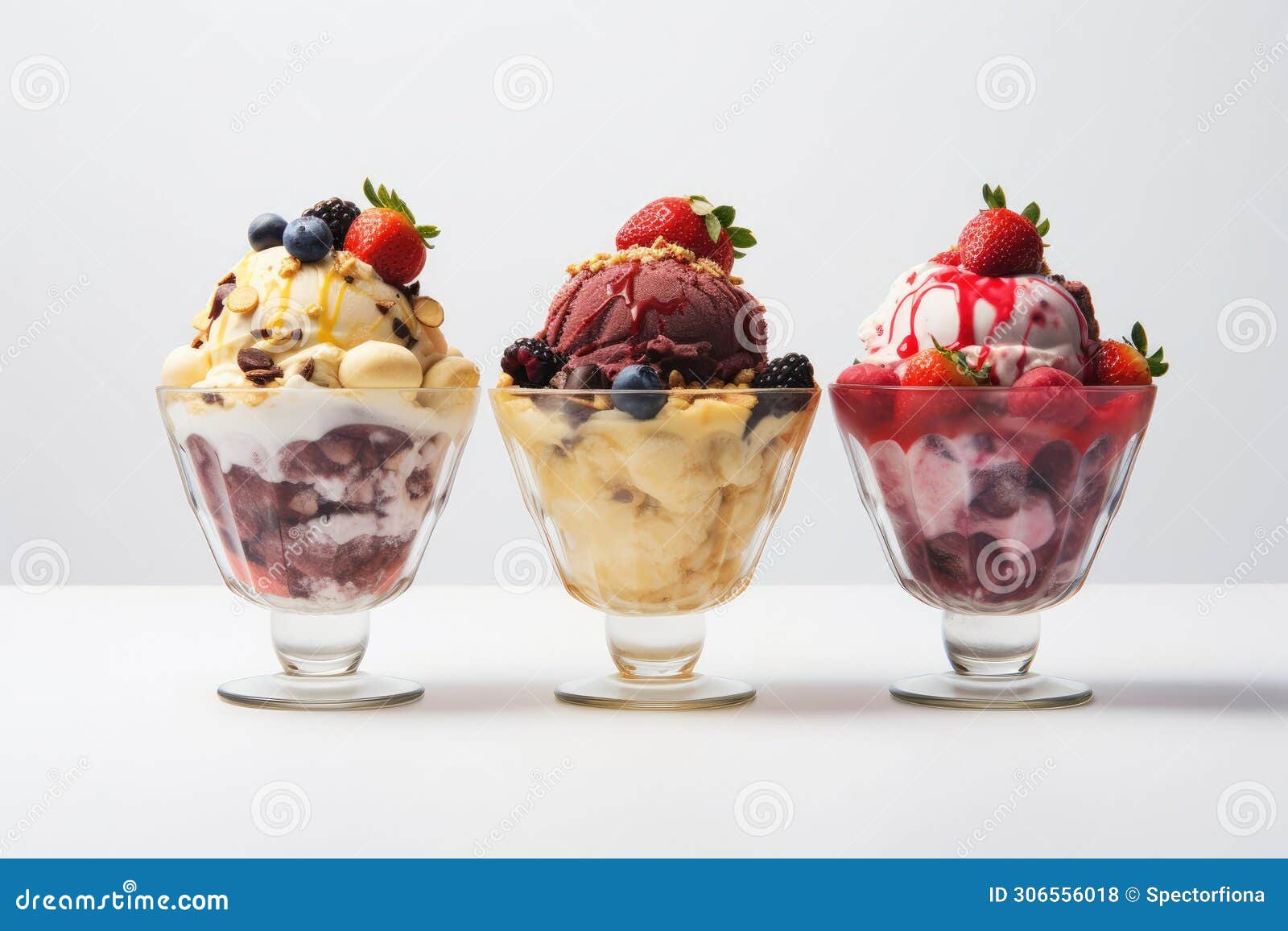 Three Different Ice Cream Sundaes with Fruits and Berries Stock Photo ...