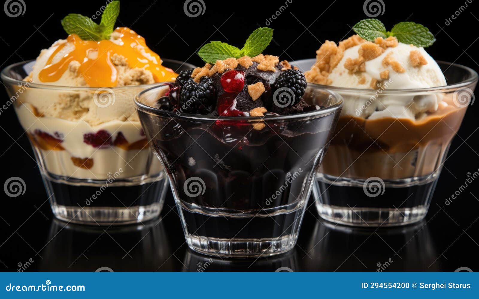 Three Different Ice Cream Sundaes in Glasses with Berries and Nuts, AI ...