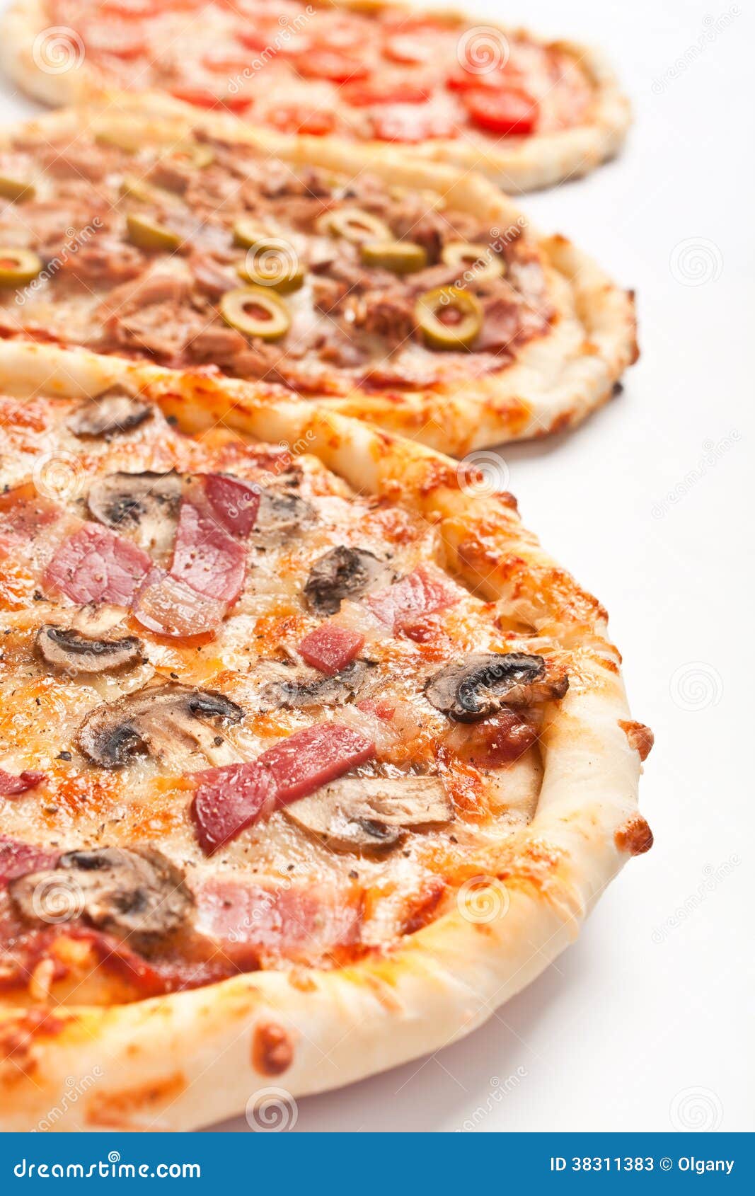 Three Different Pizzas stock image. Image of cheese, grated - 38311383