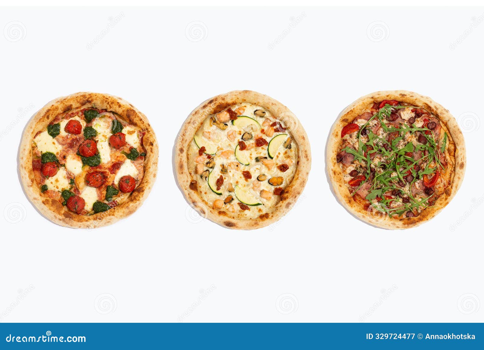 Three Different Pizzas Isolated on White Background. Top View Stock ...