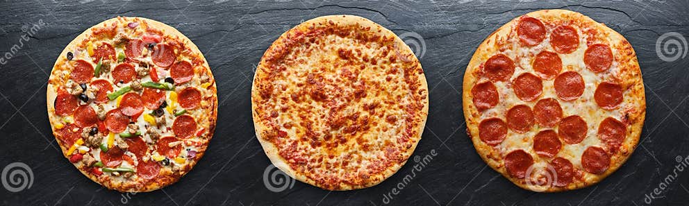 Three Different Pizzas in Panoramic Composition Stock Photo - Image of ...