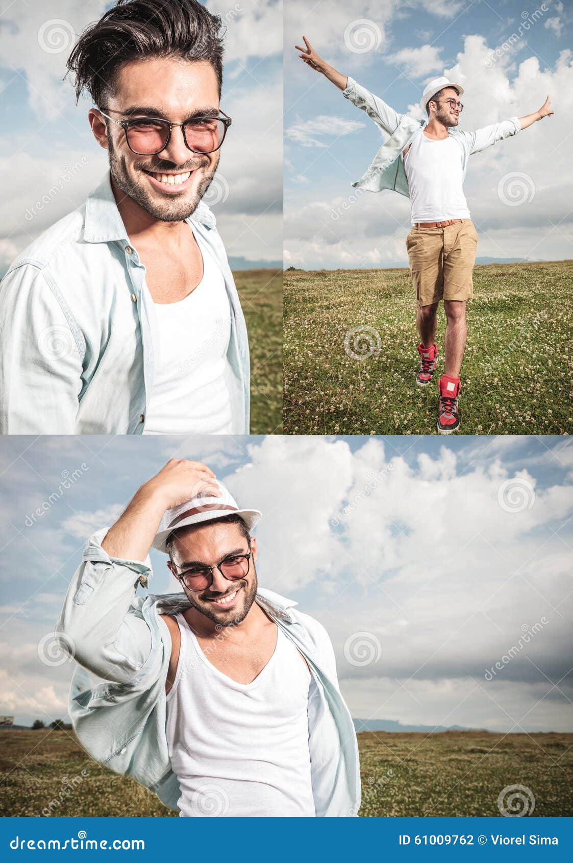 Three Different Poses of the Same Man in the Outdoors Stock Photo ...