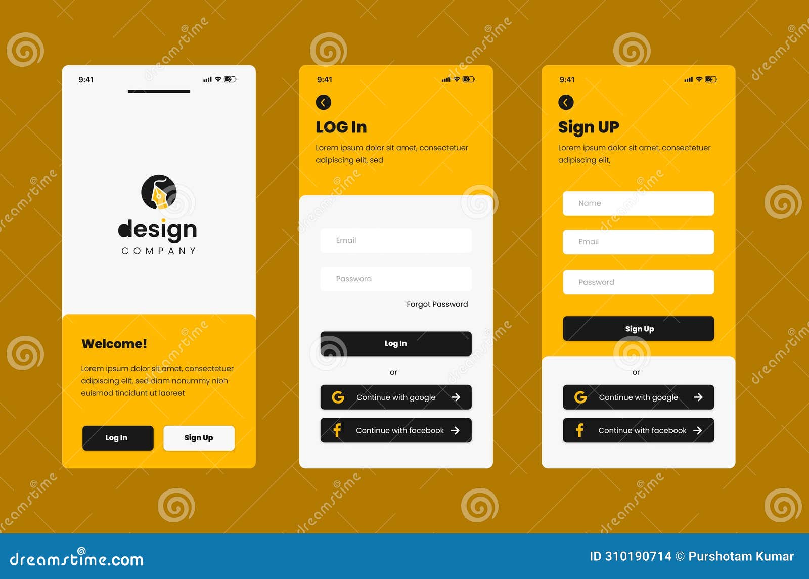 Three Different Screens of a Mobile App with a Yellow Background Stock ...