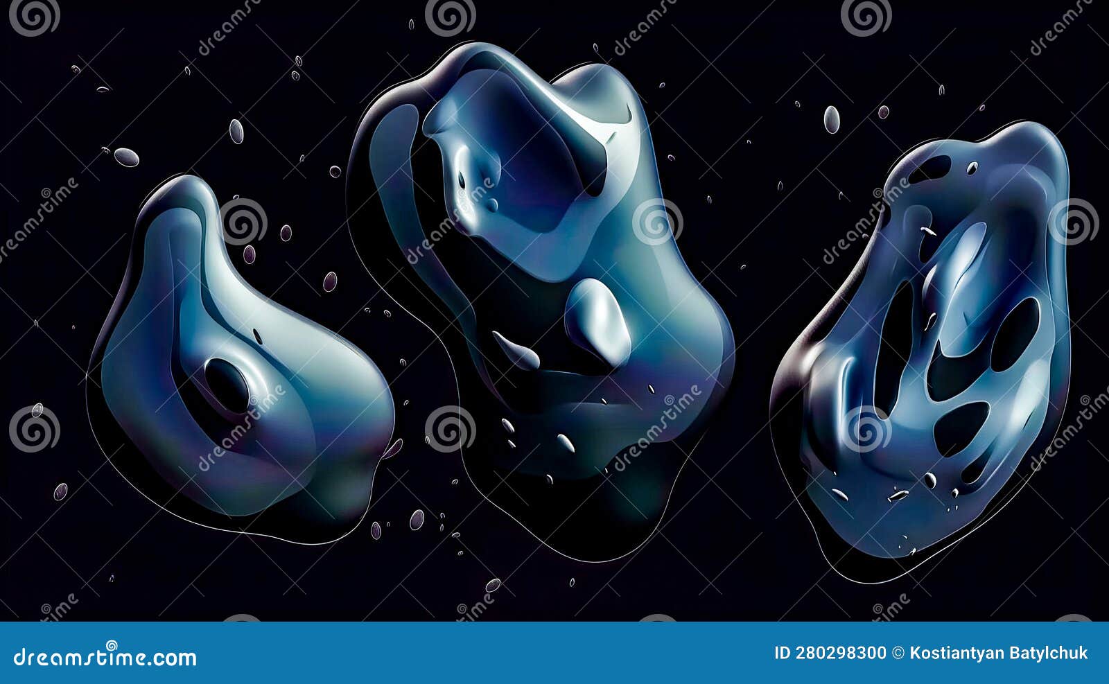Three Different Shapes of Liquid on Black Background, with Drops of ...