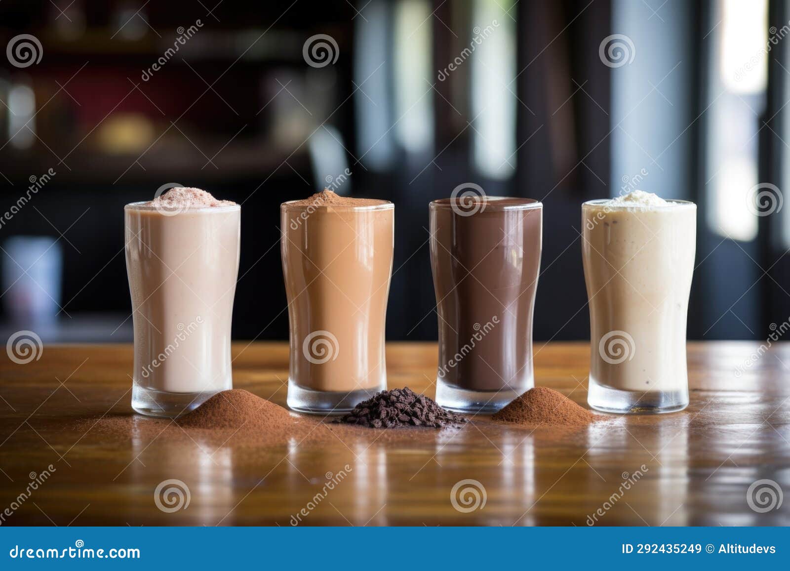 Three Different Sizes of Coffee Shakes Lined Up on the Bar Table Stock ...