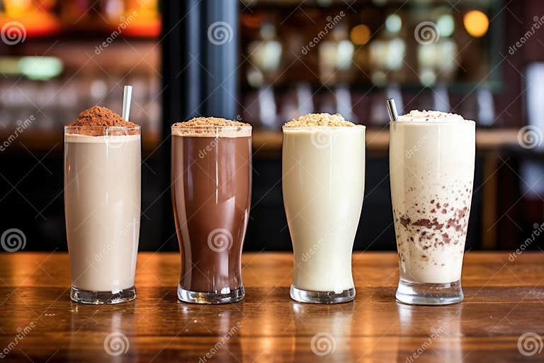 Three Different Sizes of Coffee Shakes Lined Up on the Bar Table Stock ...