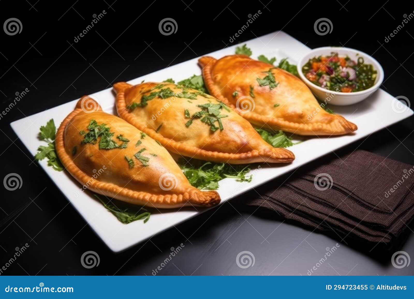 Three Different Types of Calzone in a Serving Platter, Hand Garnishing ...