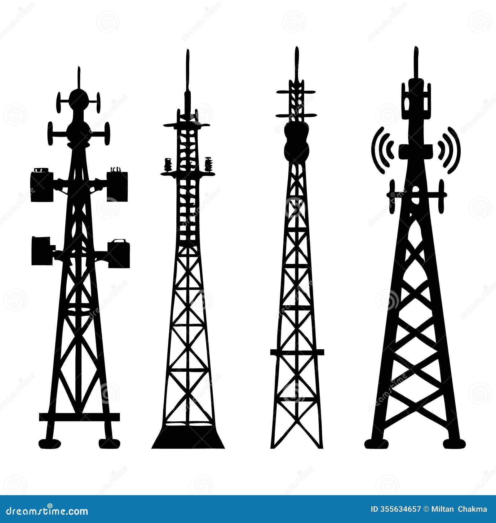 Four Different Types of Communication Tower Silhouettes Stock Vector ...