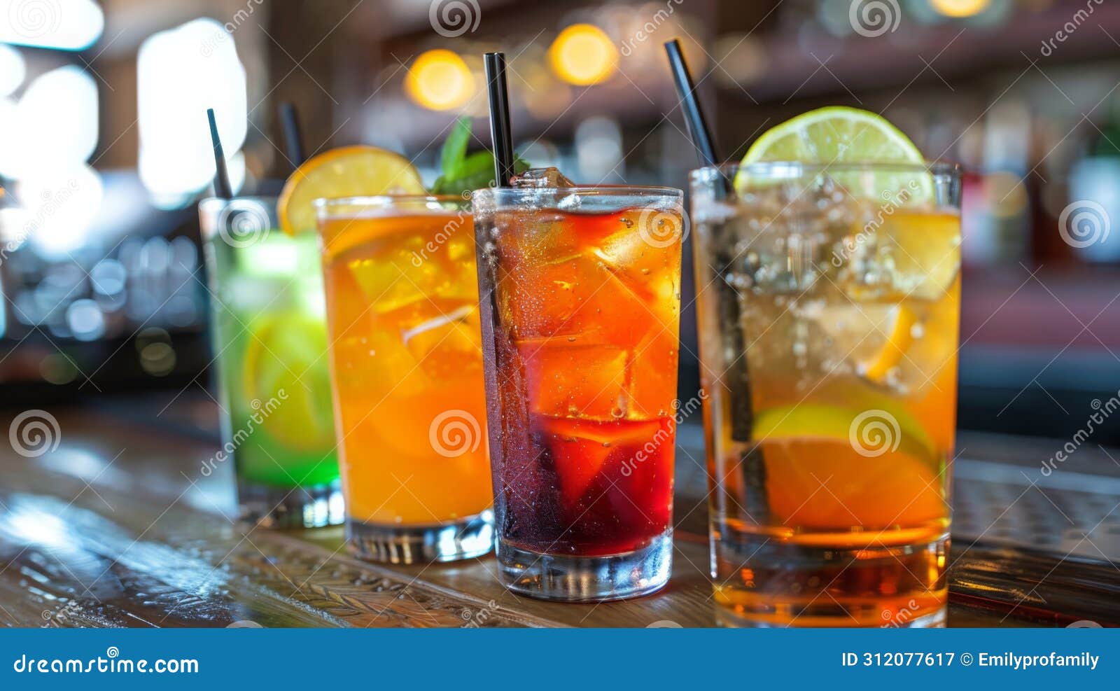 Three Different Types of Drinks Lined Up on Bar Stock Image - Image of ...