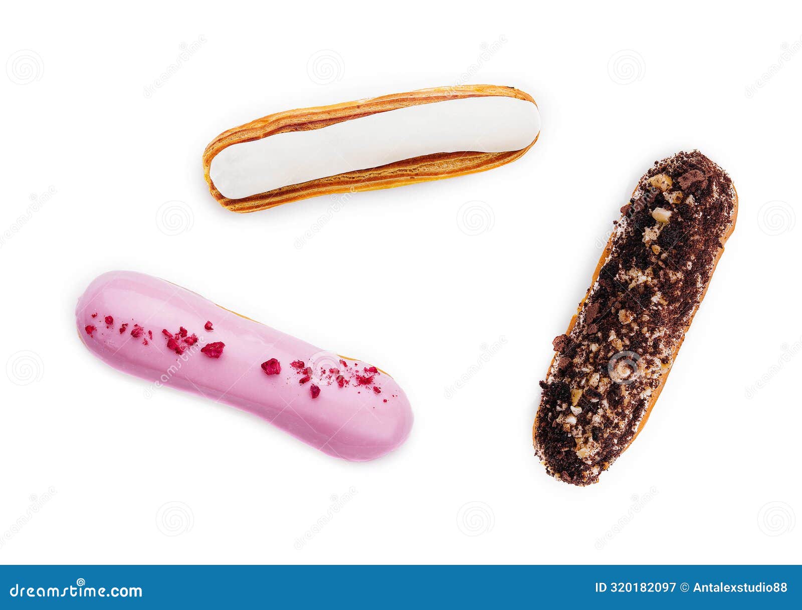 Three Different Types of French Eclairs on a White Plate Isolated on ...