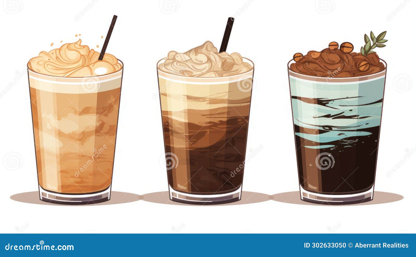 Three Different Types of Iced Coffee with Different Toppings Stock ...