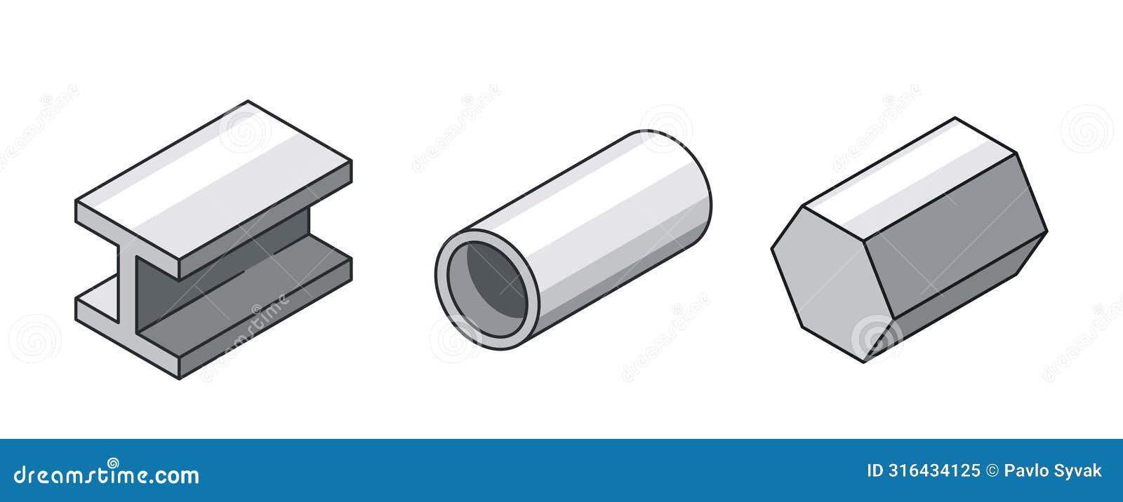 Three Different Types of Metal Pipes. I-beam, Cylindrical and Hexagonal ...