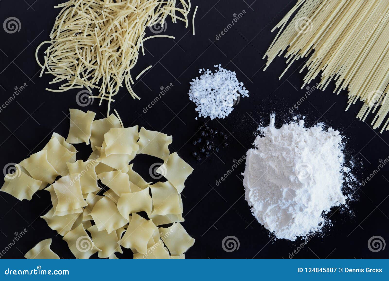 Three Different Types of Pasta are Laid Out on Black Background Stock ...