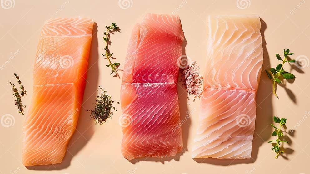Three Different Types of Raw Fish Fillets with Herbs, Culinary ...