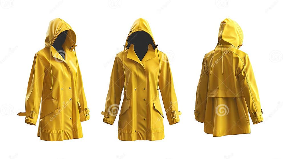 Three Different Views of a Bright Yellow Raincoat Stock Image - Image ...