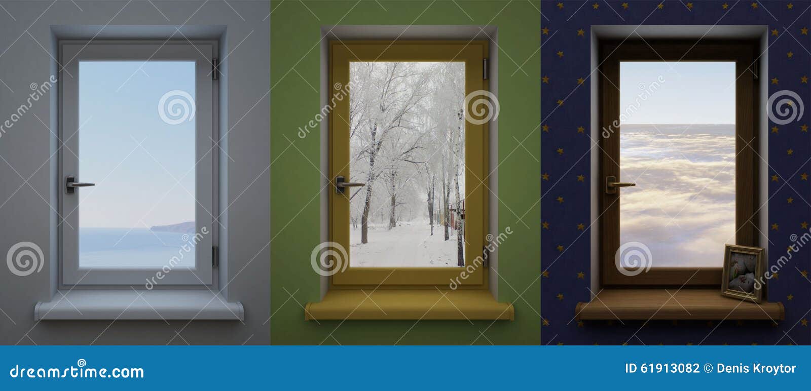Three different windows. stock photo. Image of sunrise - 61913082