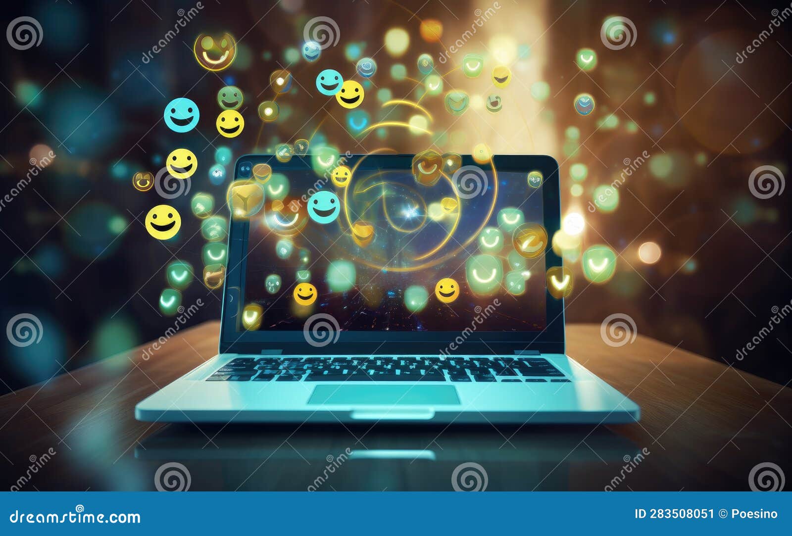 Three-dimensioanl Emoticons and Smiley Faces Surround the Laptop Screen ...