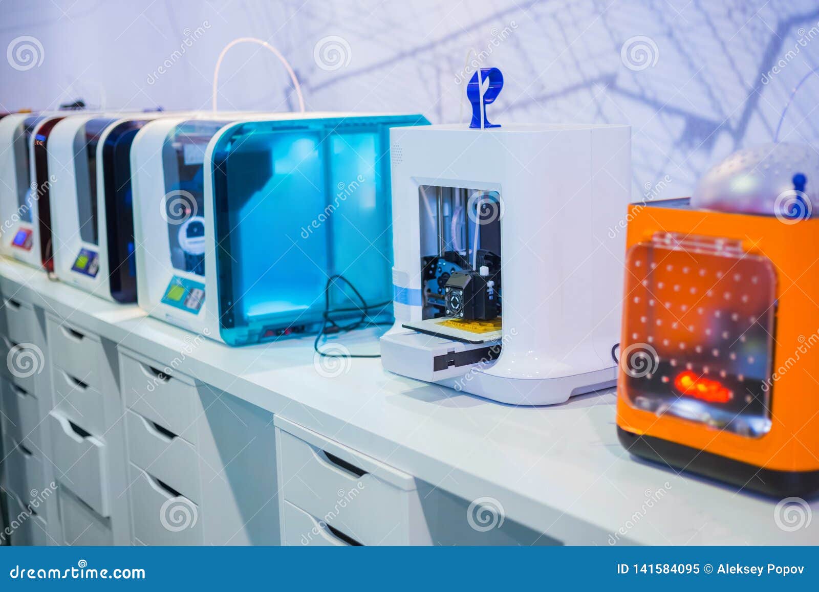 Three Dimensional 3D Printers during Work at Modern Technology ...