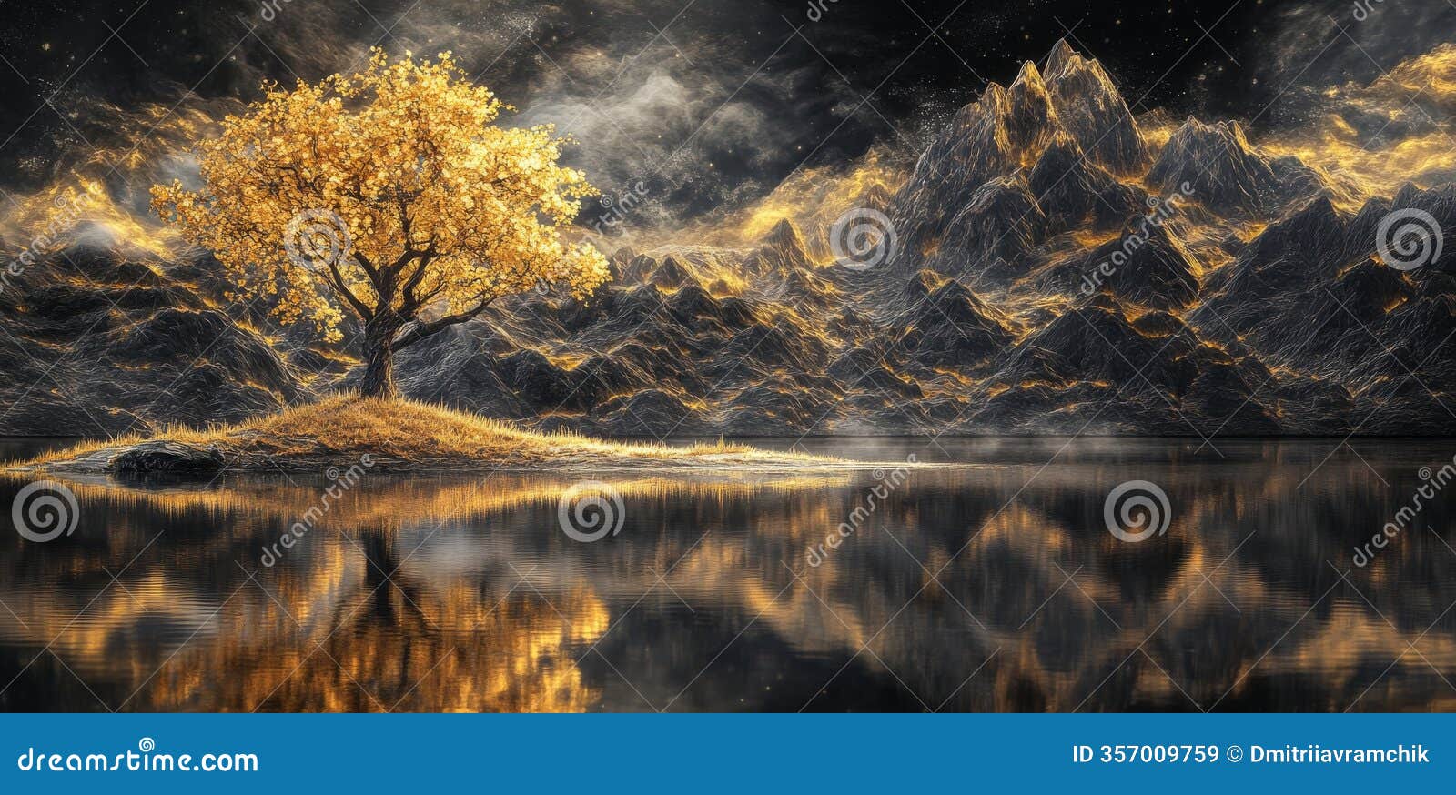 A Three-dimensional Depiction of Mountains with Golden Waves and Clouds ...