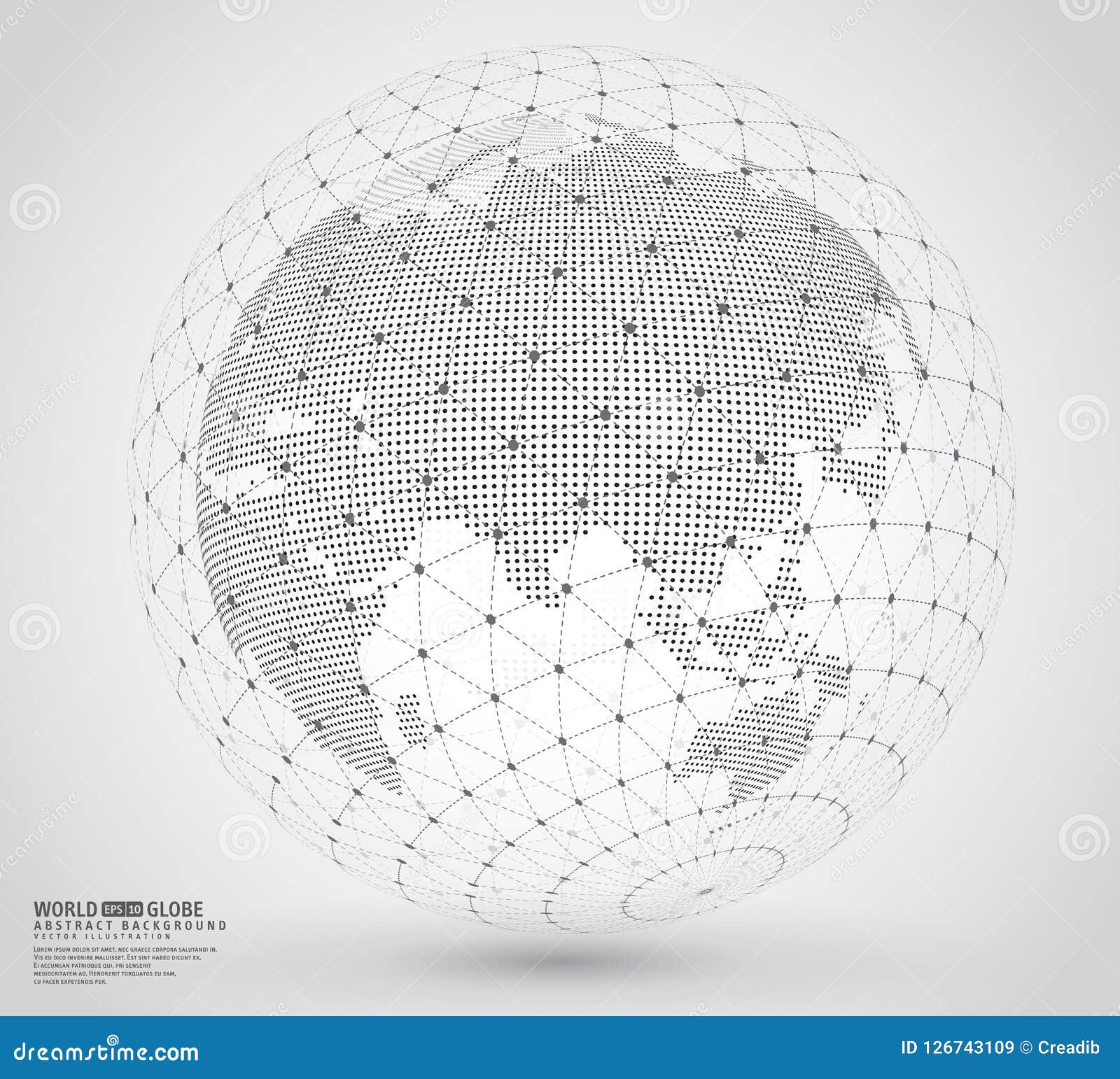 Three Dimensional Dotted World Map with Wireframe Sphere Stock Vector ...