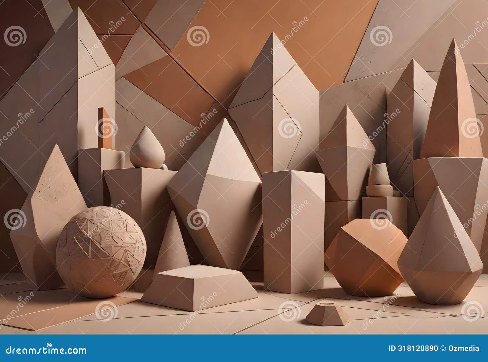 Three Dimensional Geometric Shapes and Forms, in a Monochromatic Brown ...