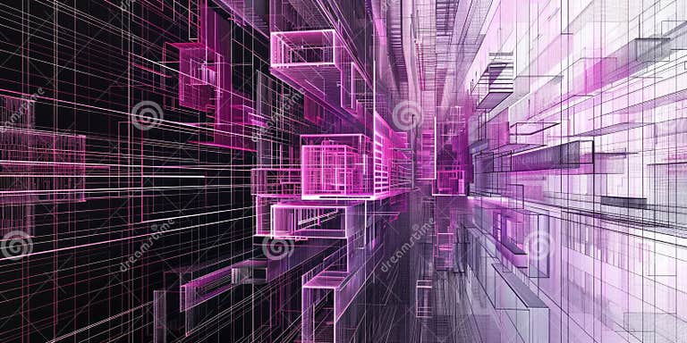 A Three-dimensional Grid of Purple Lines and Boxes on a Black ...