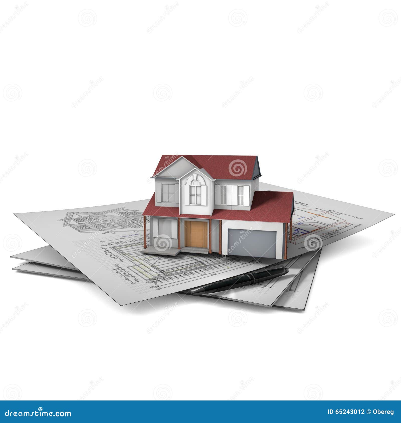 Three-dimensional House on a Architectural Drawing Over White Stock ...