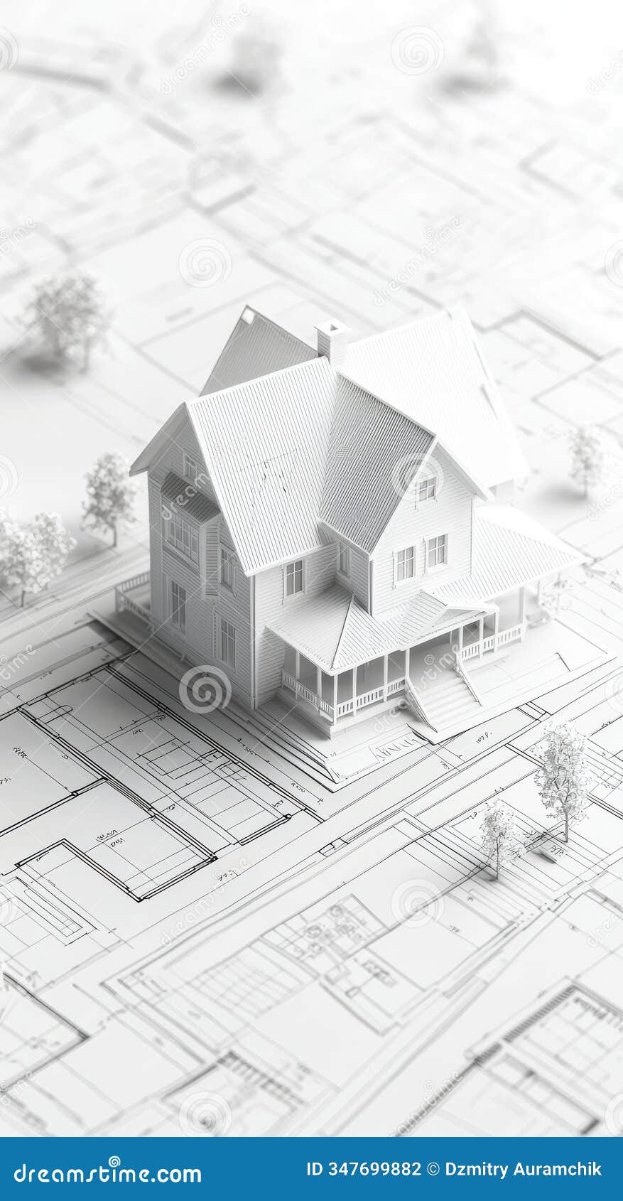 Three-dimensional House Model Set Against an Architectural Blueprint ...
