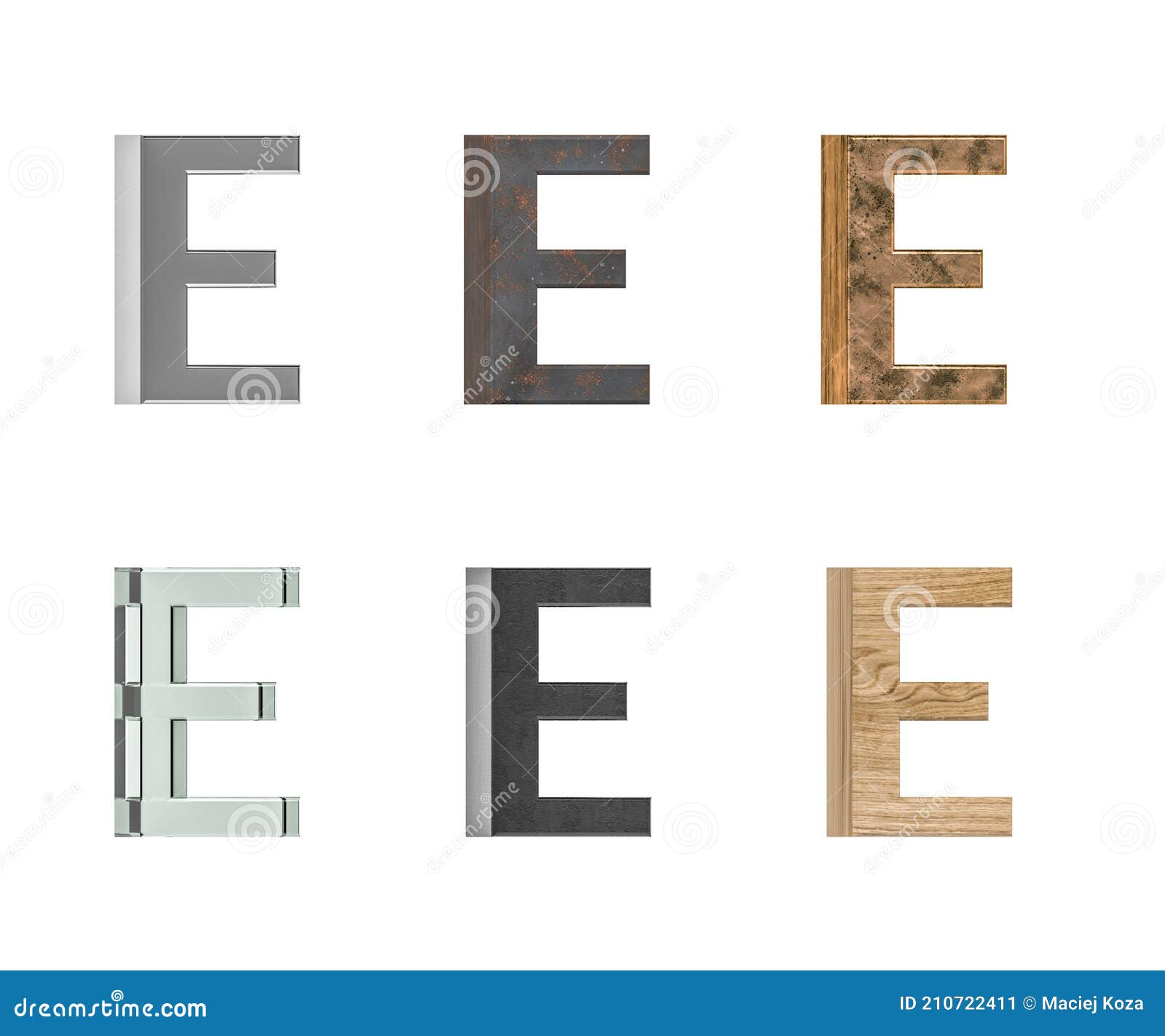 Three Dimensional Letter E with Six Types of Textures - Metal, Rust ...