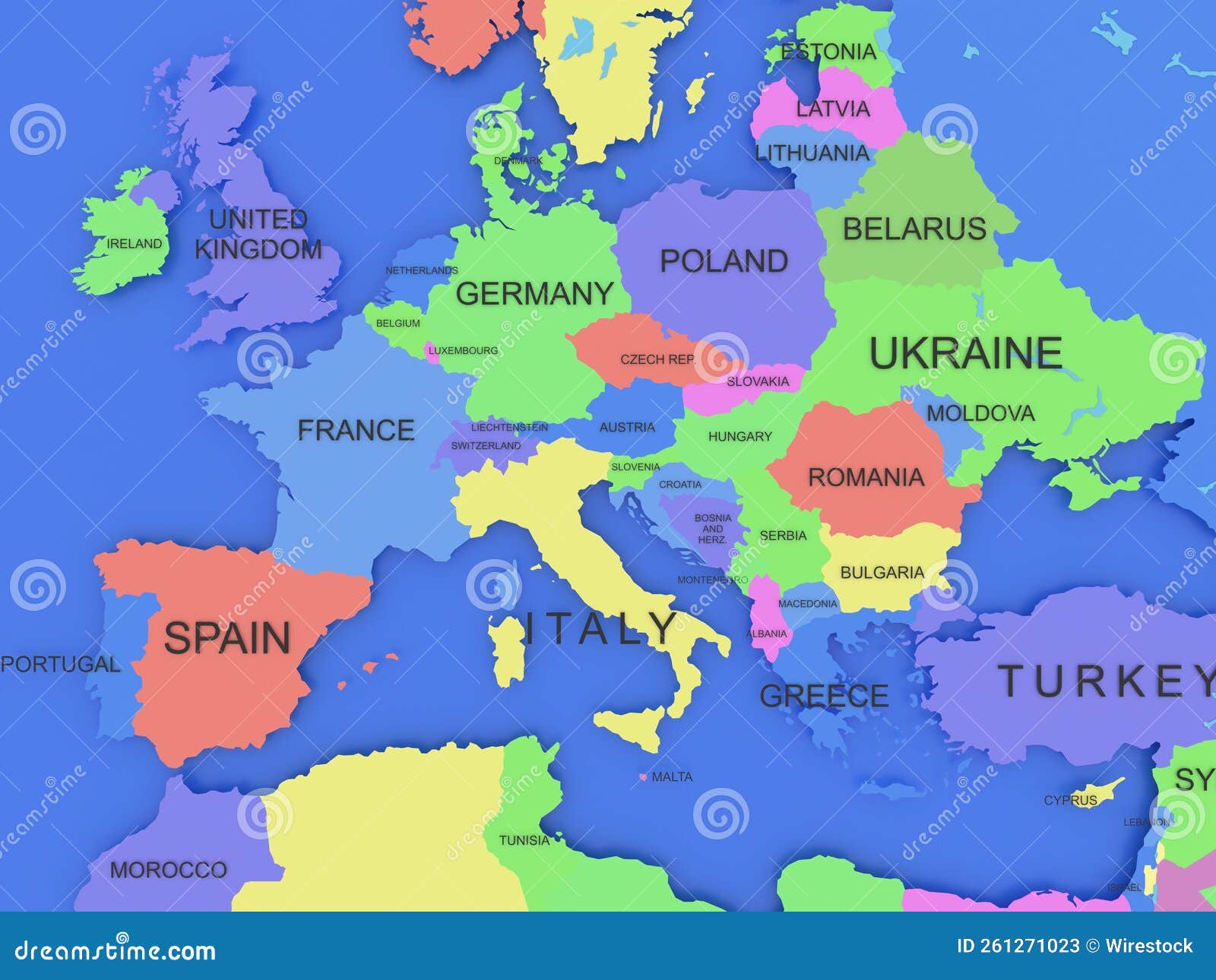 Three-dimensional Map of Europe on Blue Isolated Background Stock ...