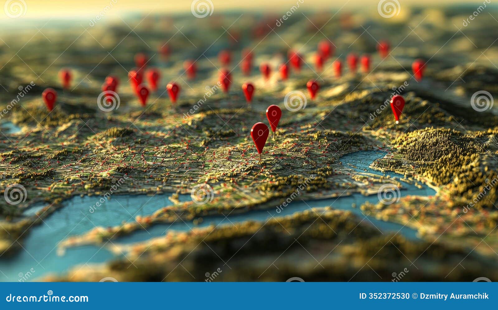 A Three-dimensional Map Featuring Red Location Markers and Network ...