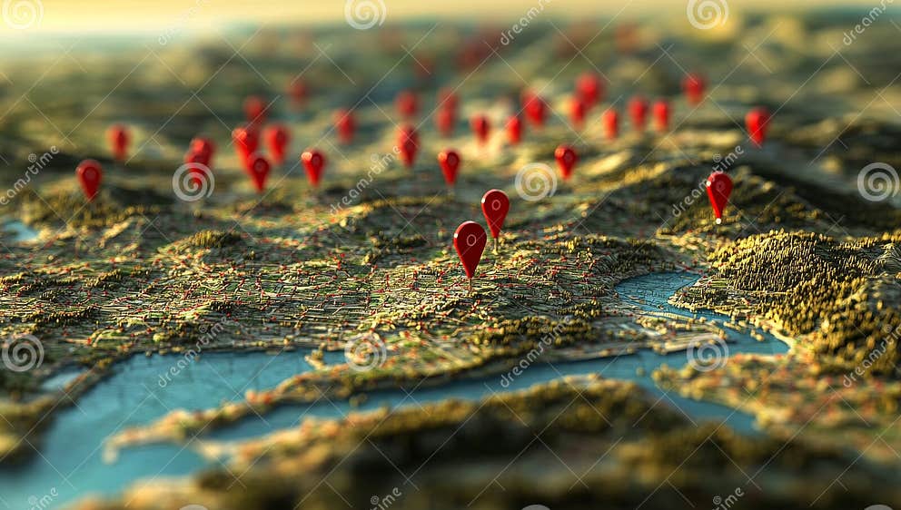 A Three-dimensional Map Featuring Red Location Markers and Network ...