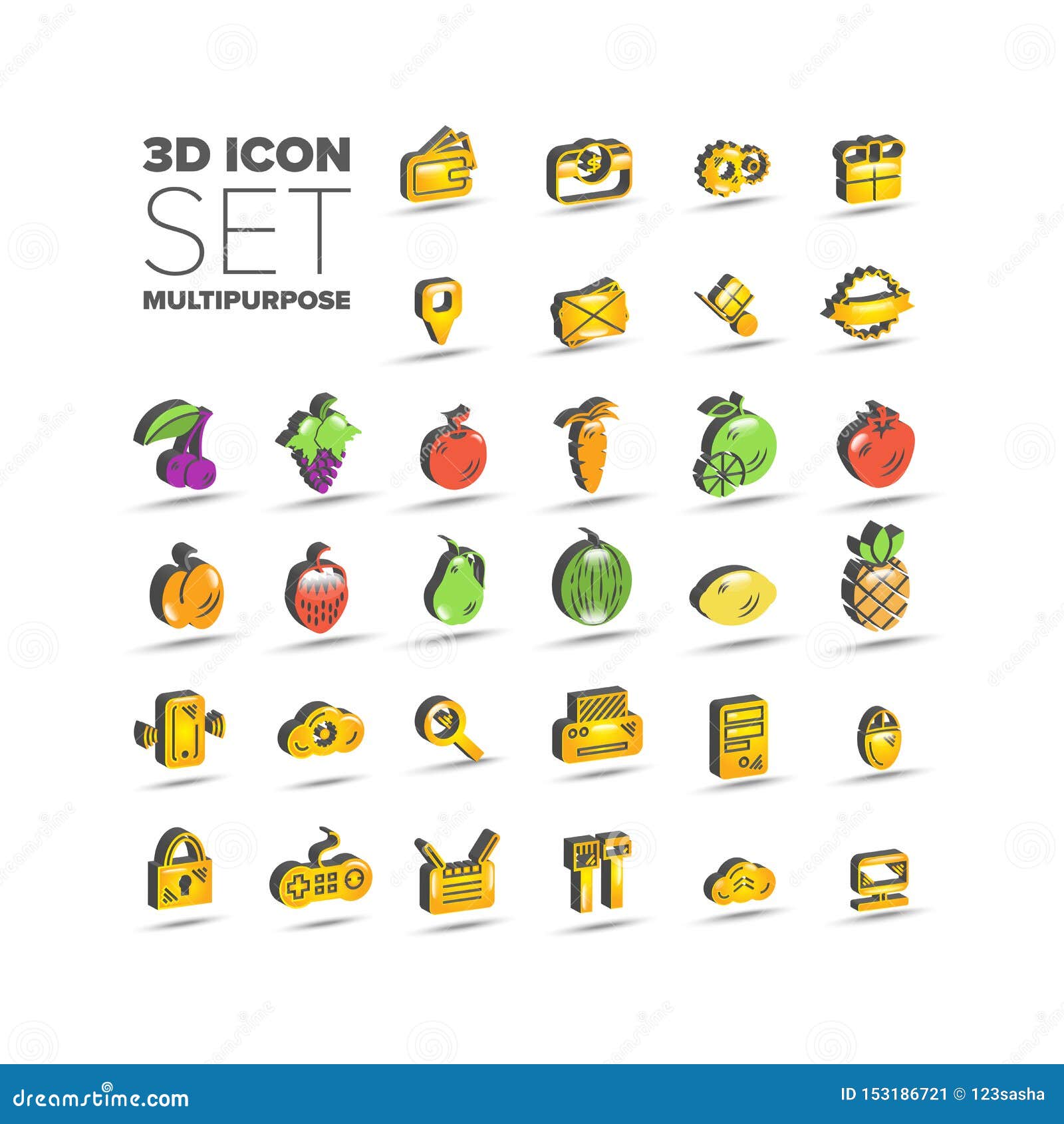 Three Dimensional Multipurpose Icon Set Stock Vector - Illustration of ...