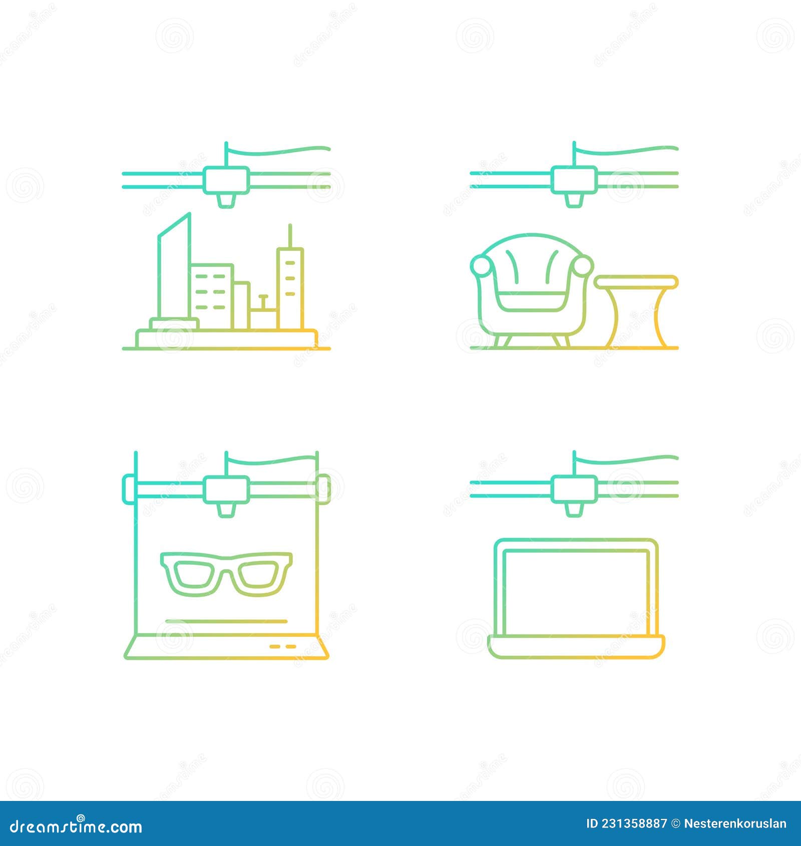 Three Dimensional Objects Production Gradient Linear Vector Icons Set Stock Vector