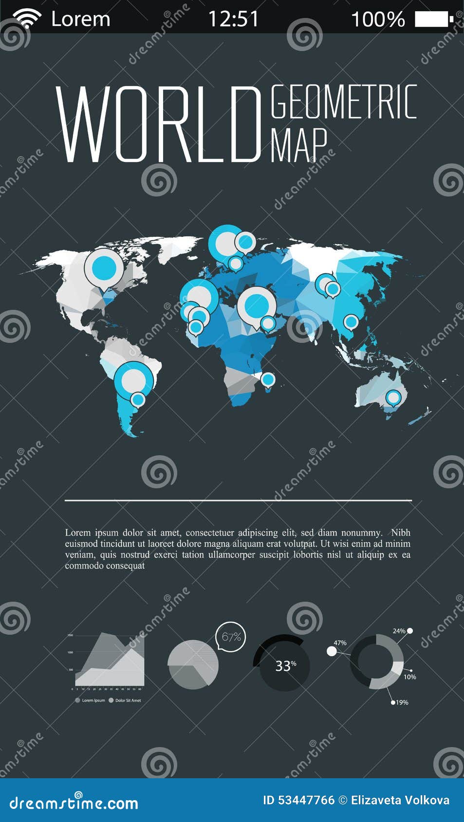 Three Dimensional Polygonal World Map and Infographics Templates Stock ...