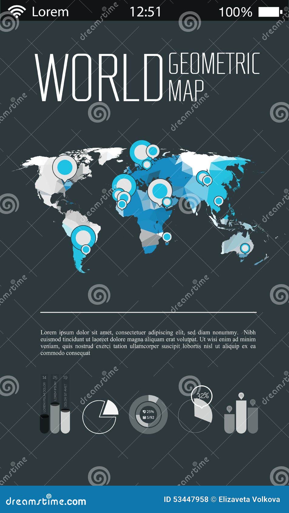 Three Dimensional Polygonal World Map and Infographics Templates Stock ...