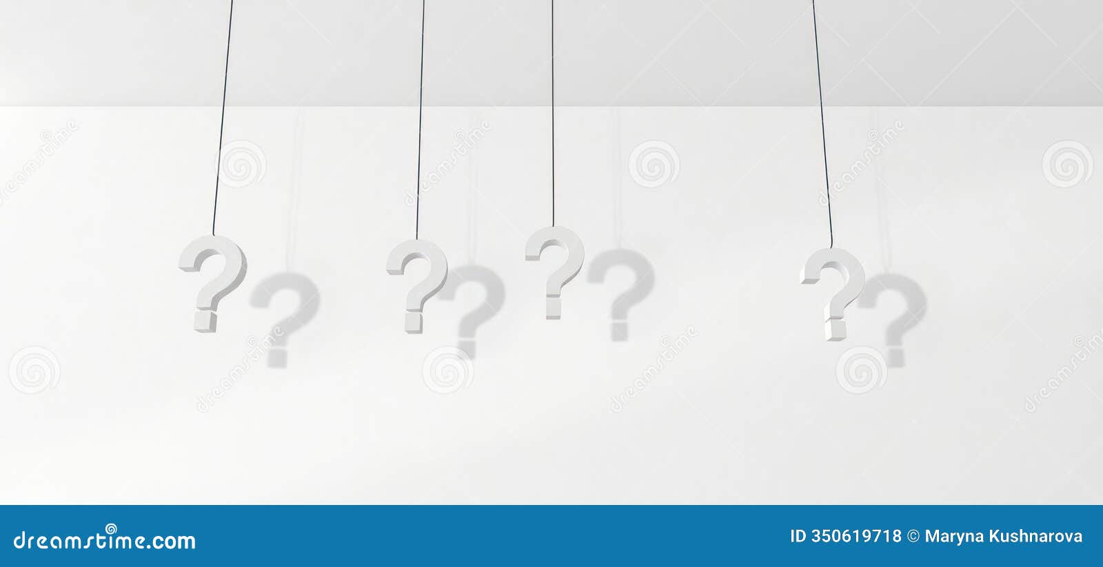 Three-dimensional Question Marks Hang from Ceiling on Thin Cords. White ...
